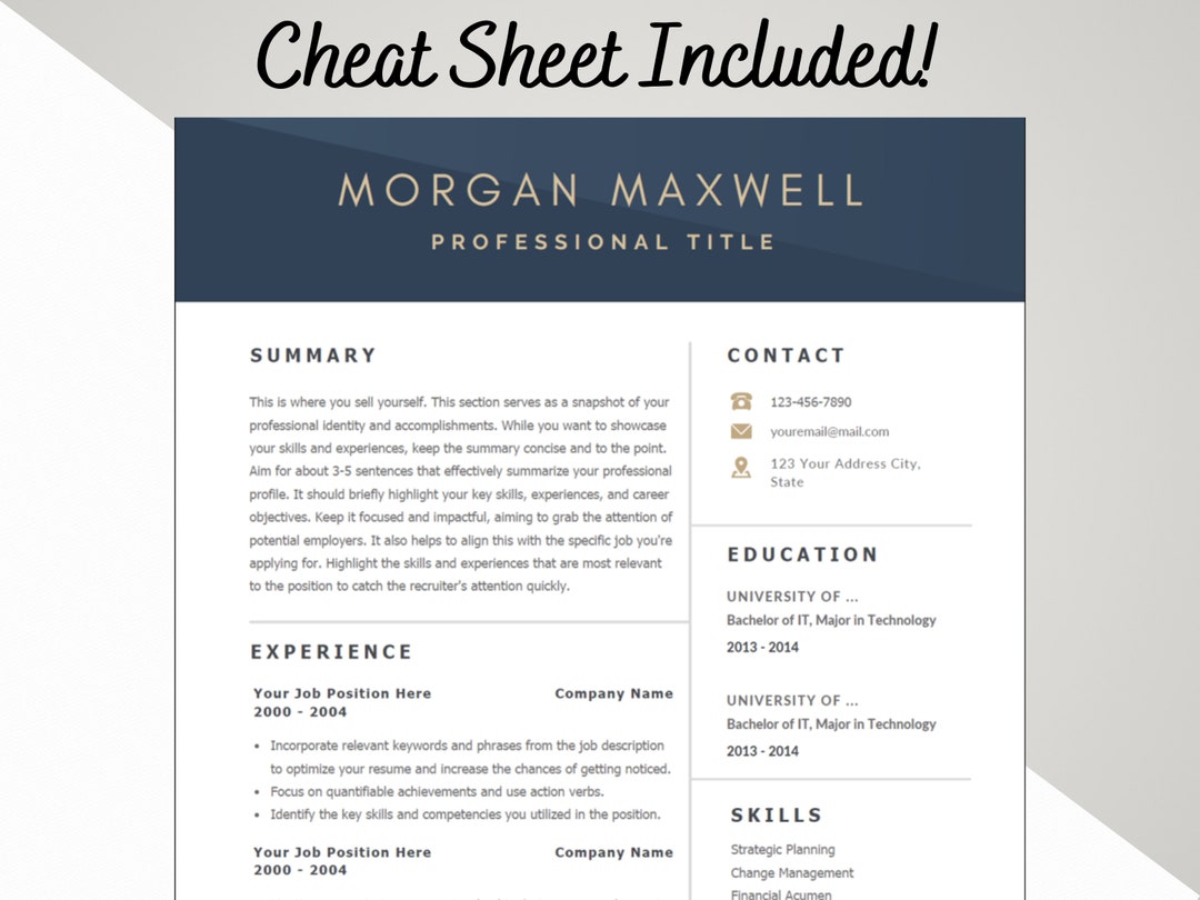 Banking Resume Template W/cheat Sheet | Word & Google Docs Resume | Modern Professional Resume ...