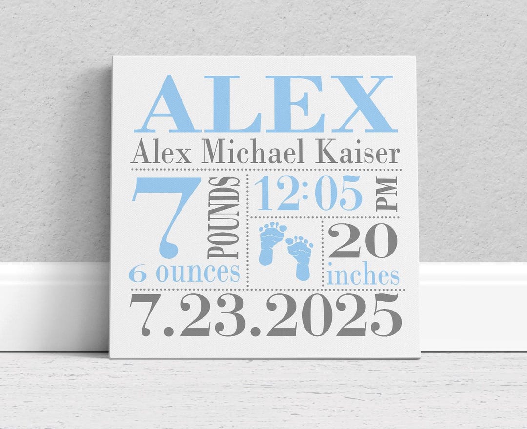 Custom Birth Stats Canvas, Canvas Stretched on Wood Frame, Baby Name ...