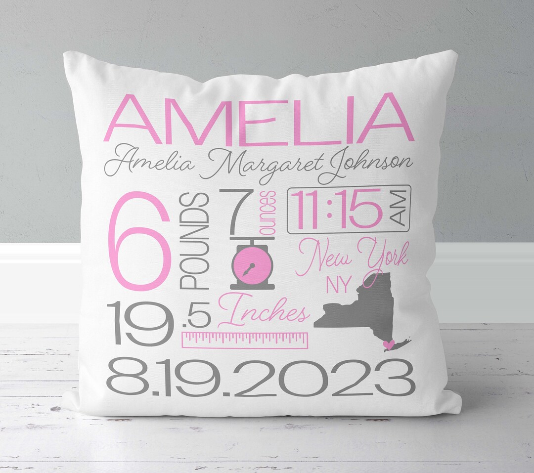 Girls Birth Announcement Pillow - Pink and Gray - Birth State Scale ...