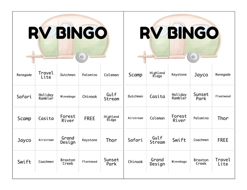 Road Trip Bingo - Rvs and Campers, 20 Unique Printable Cards - Etsy