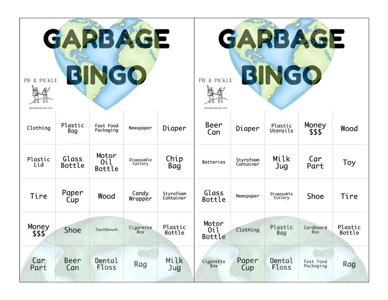 Earth Day Bingo - Garbage Cleanup Bingo, 20 Unique Printable Cards - Etsy