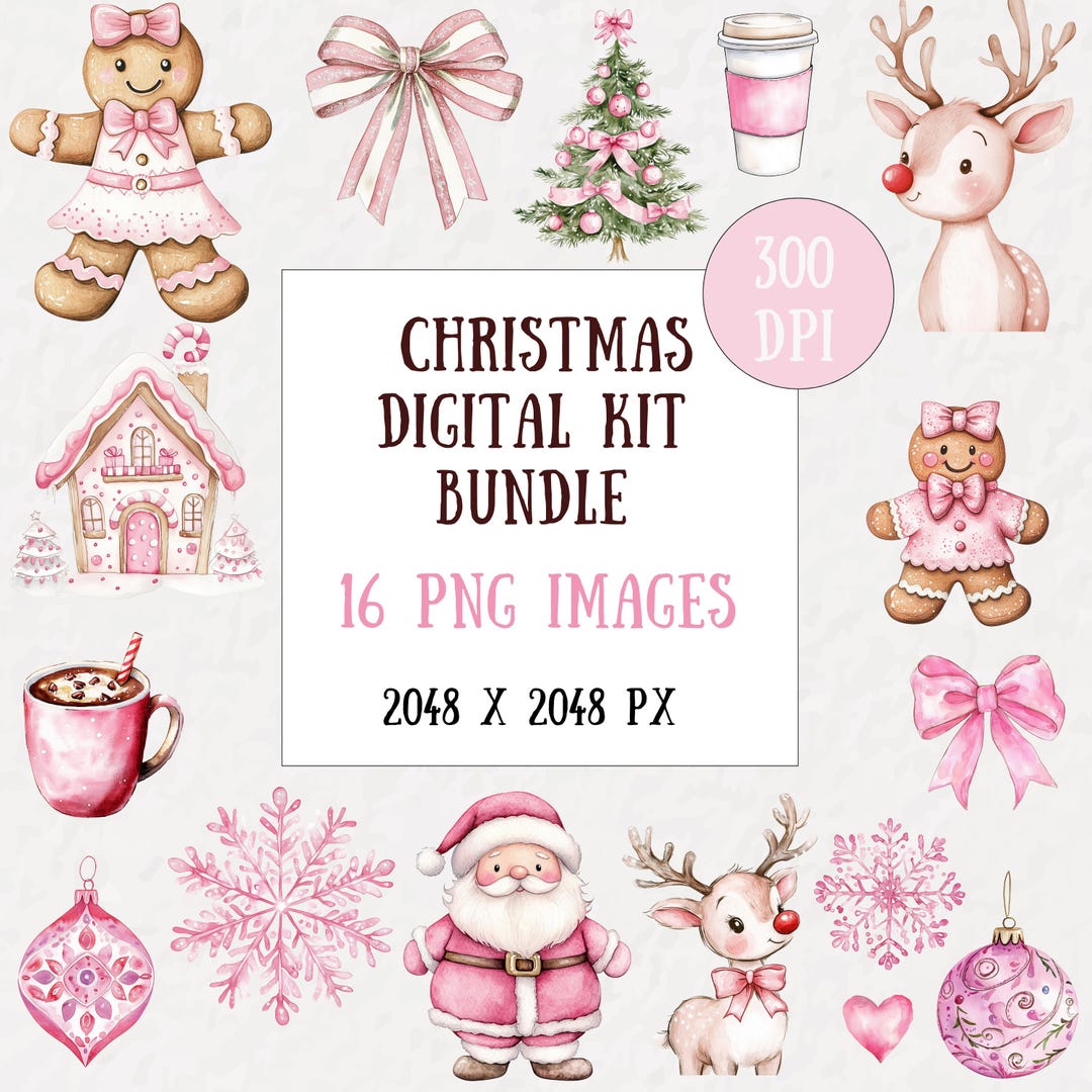 Pink Coquette Christmas Watercolor PNG Bundle | Digital Clipart Kit - Etsy