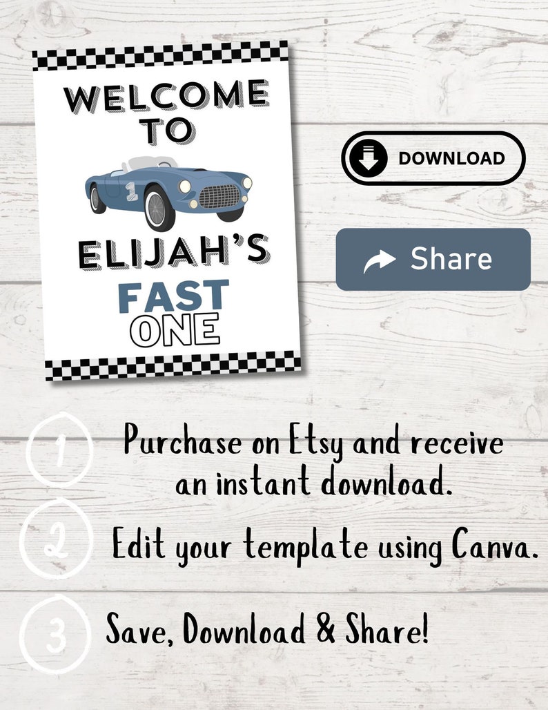 FAST ONE Birthday Welcome Poster Table Sign Racecar Instant Download ...