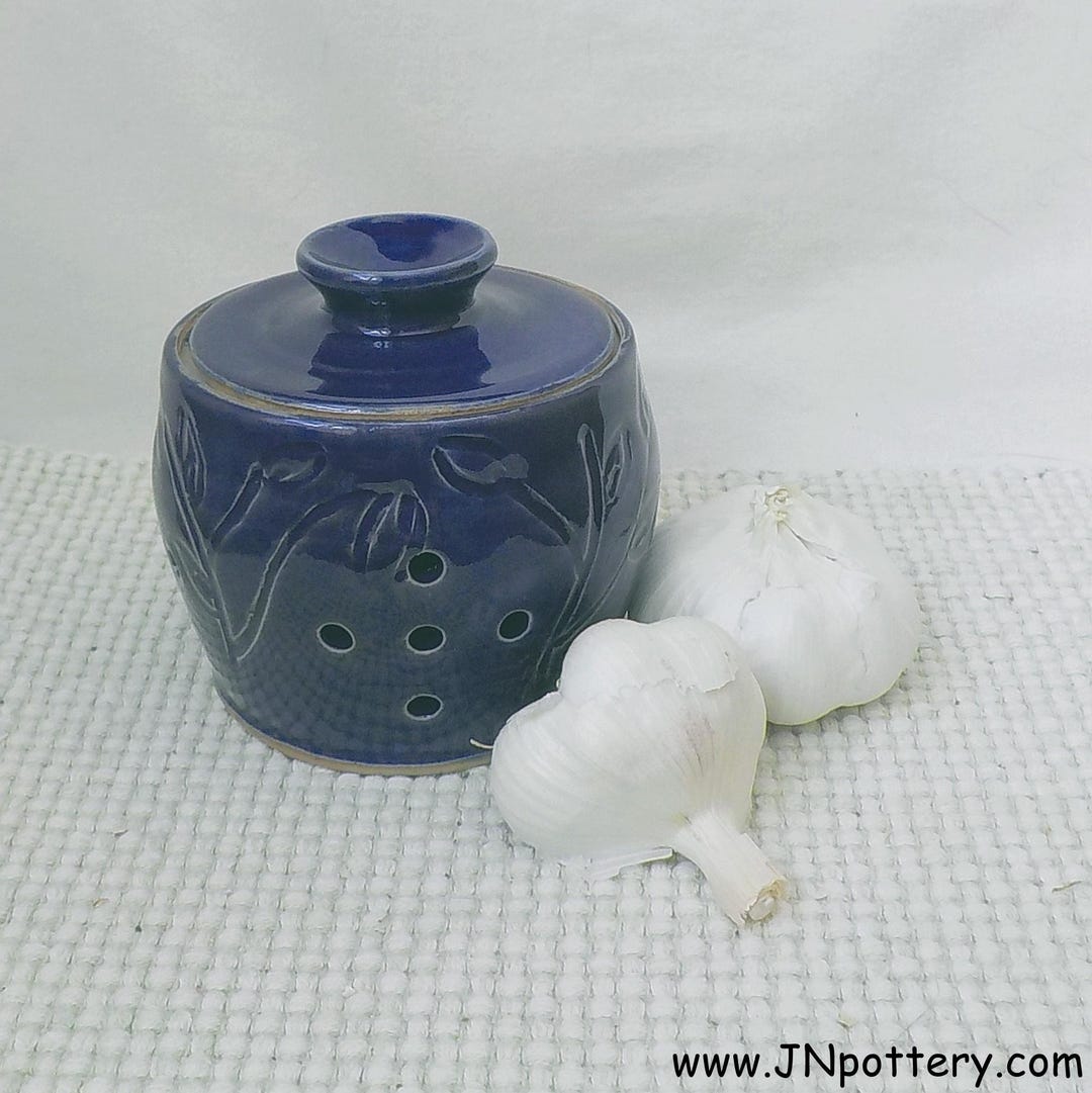 Ceramic Garlic Jar Dark Cobalt Blue Counter Storage Kitchen Canister ...