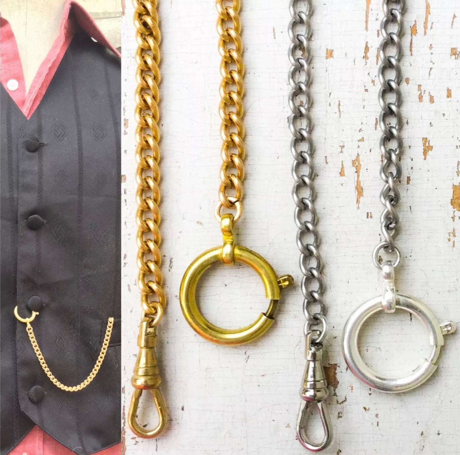 Vintage Pocket Watch Chain Men's Jewelry. Silver or Gold Tone. 8" or 12 ...