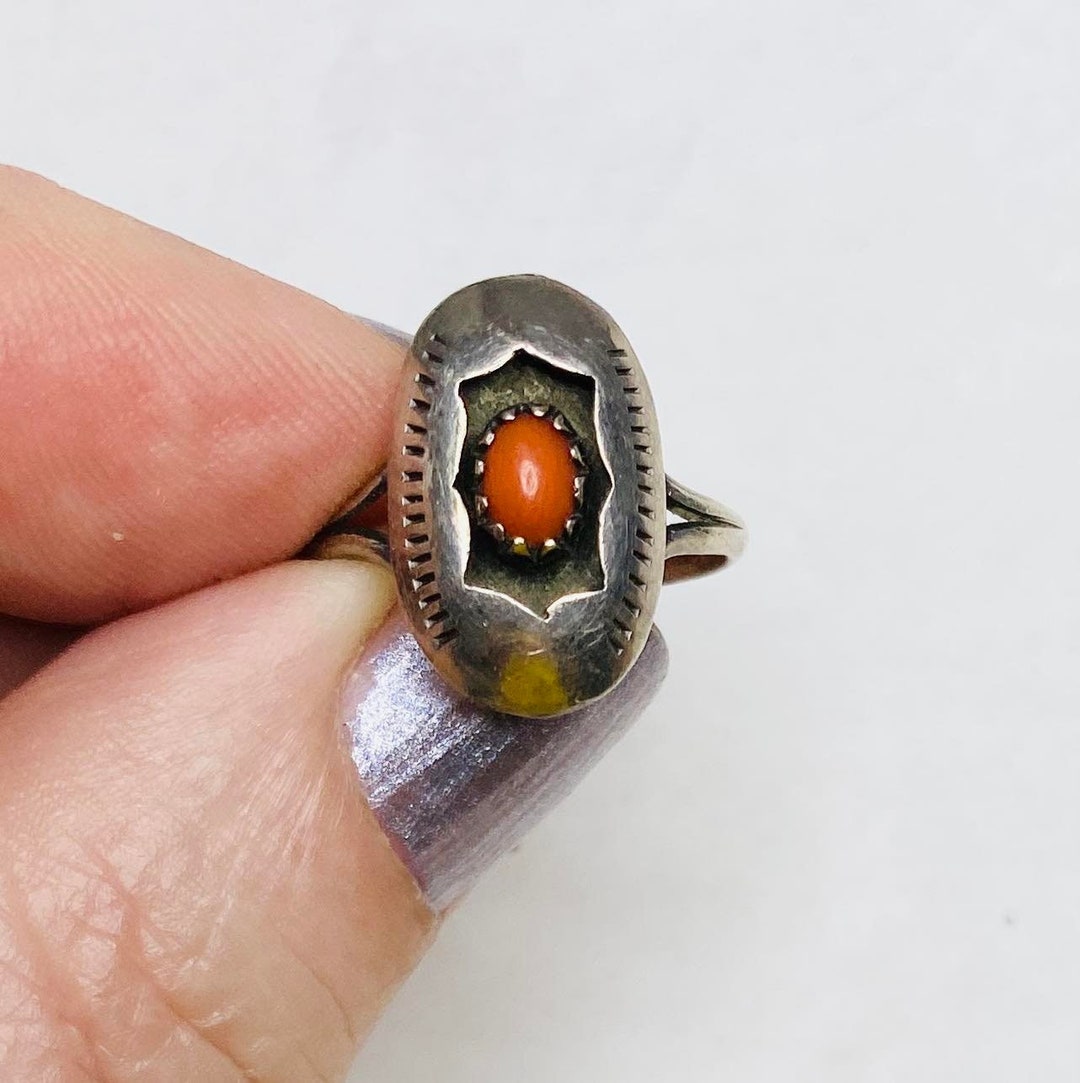 Old Pawn Shadow Box Ring, Sterling Silver + Coral, Sz 4 1/4, Eb79 - Etsy
