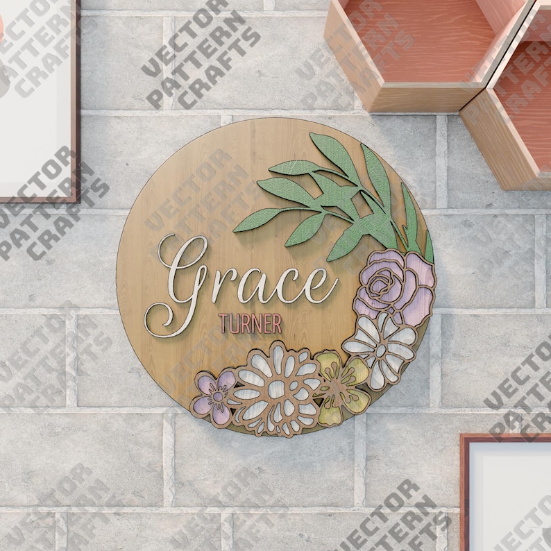 Laser Floral Name Sign Door Hanger Bundle Svg File Glowforge Flowers ...