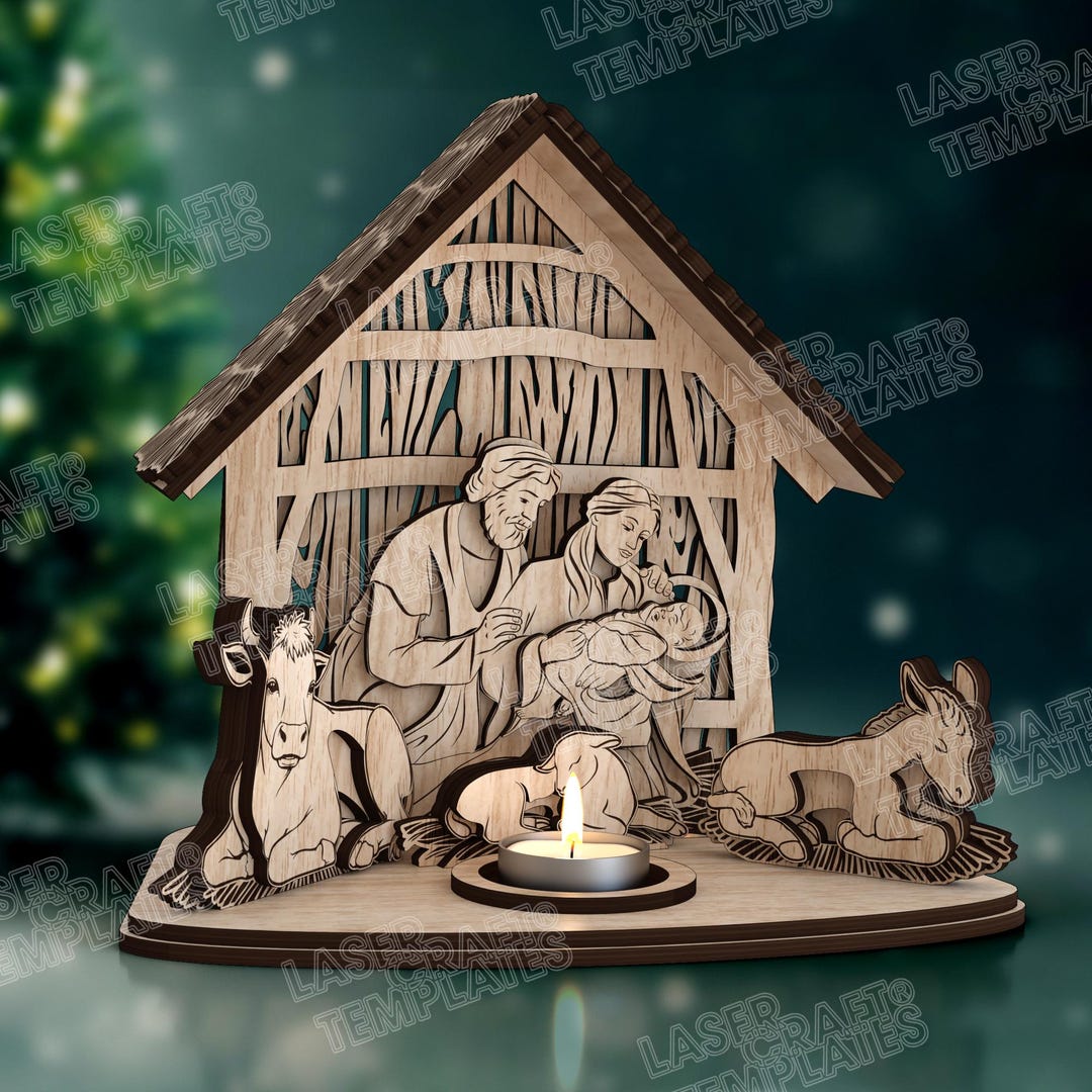 Nativity Scene Candle Holder Laser Cut Svg File Glowforge Nativity ...