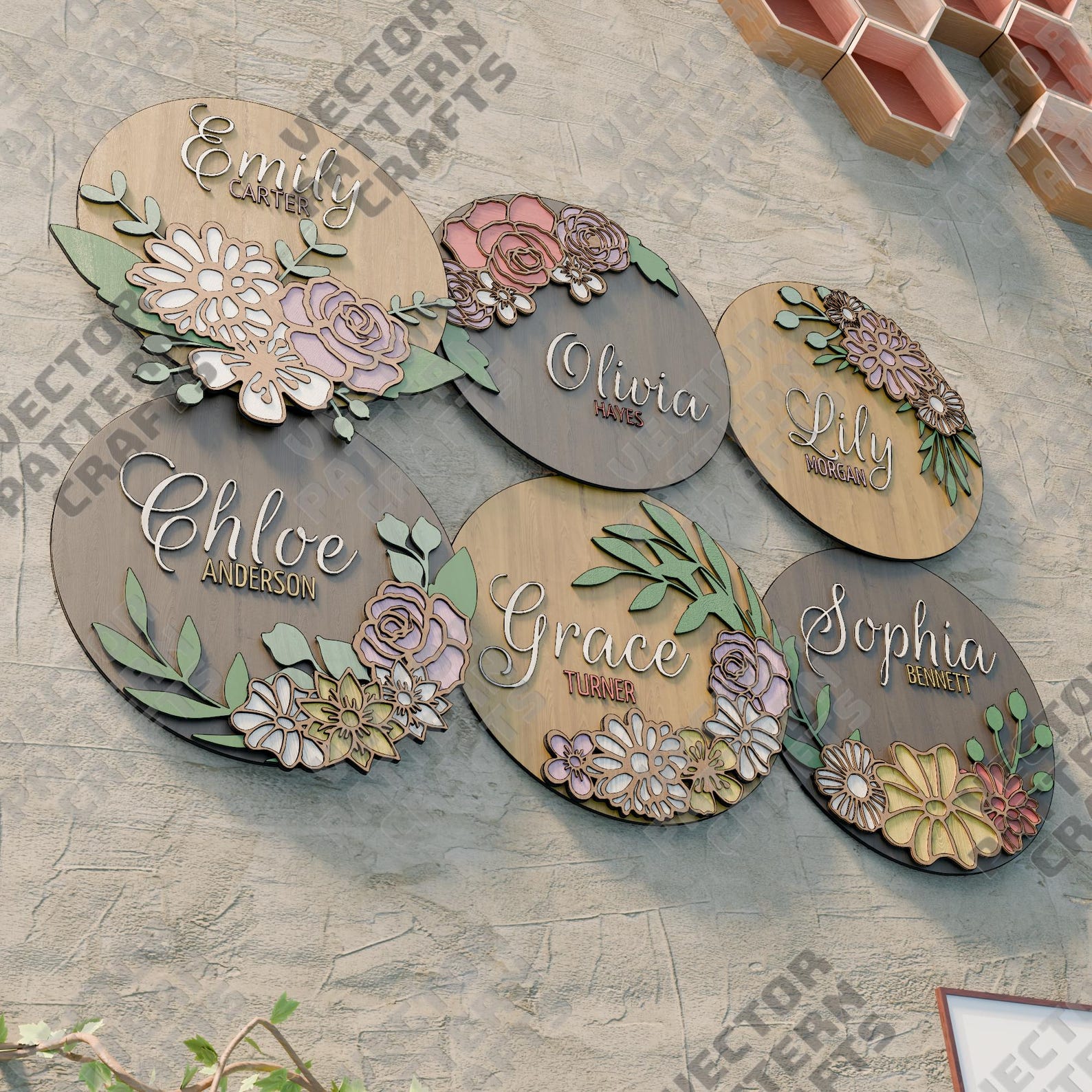 Laser Floral Name Sign Door Hanger Bundle Svg File Glowforge Flowers ...