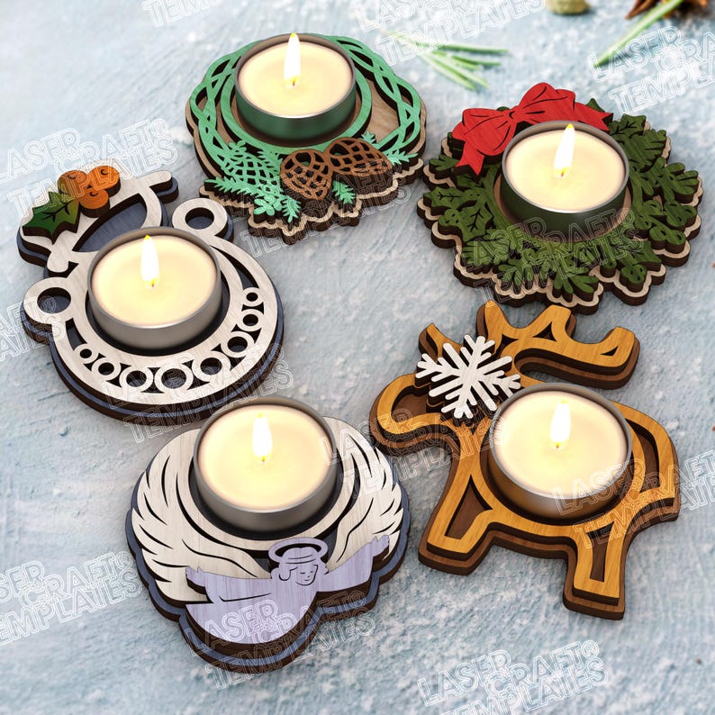 5 Christmas Candle Holder Laser Cut SVG Snowman Reindeer Wreath ...