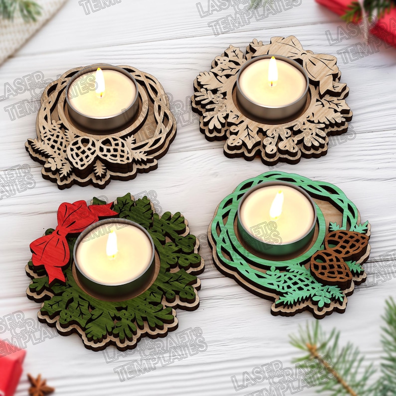 5 Christmas Candle Holder Laser Cut SVG Snowman Reindeer Wreath ...