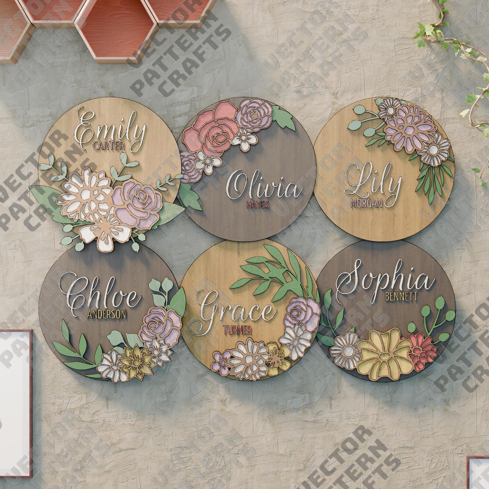 Laser Floral Name Sign Door Hanger Bundle Svg File Glowforge Flowers ...