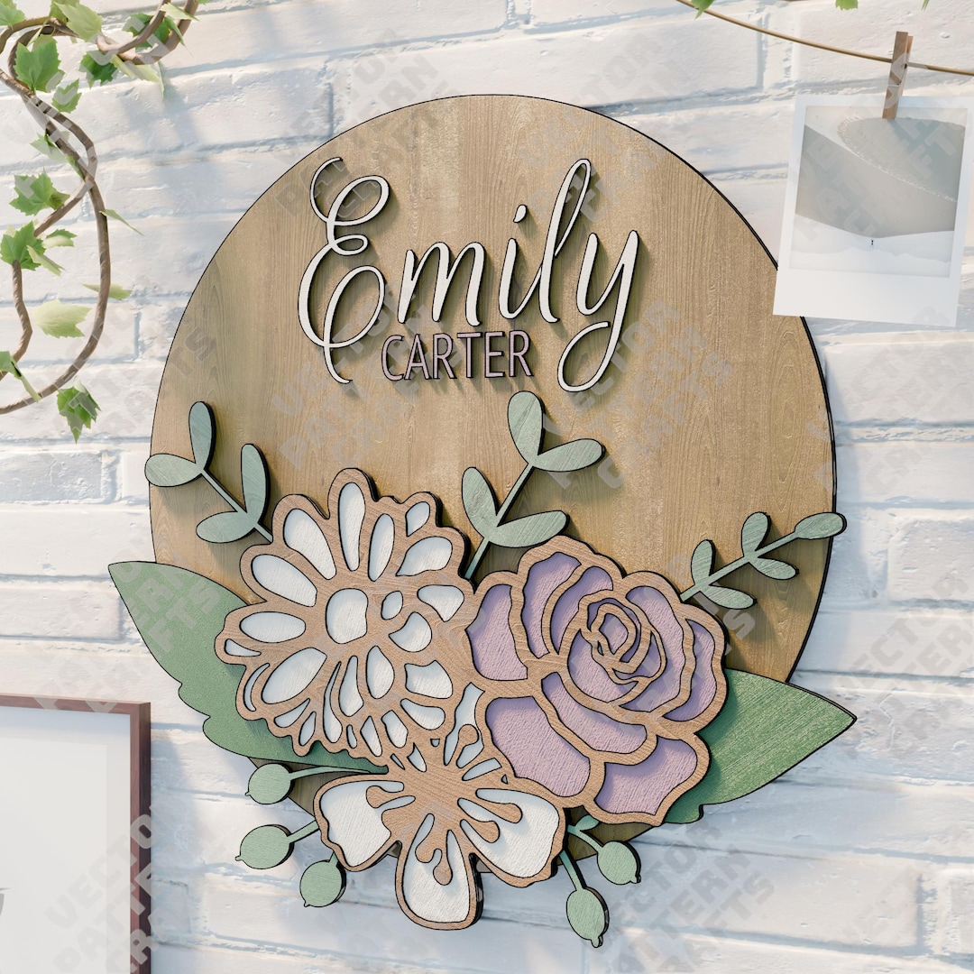 Floral Name Sign Door Hanger Laser Cut Svg File Glowforge Flowers Door ...