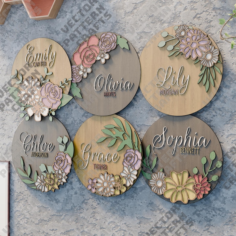 Laser Floral Name Sign Door Hanger Bundle Svg File Glowforge Flowers ...