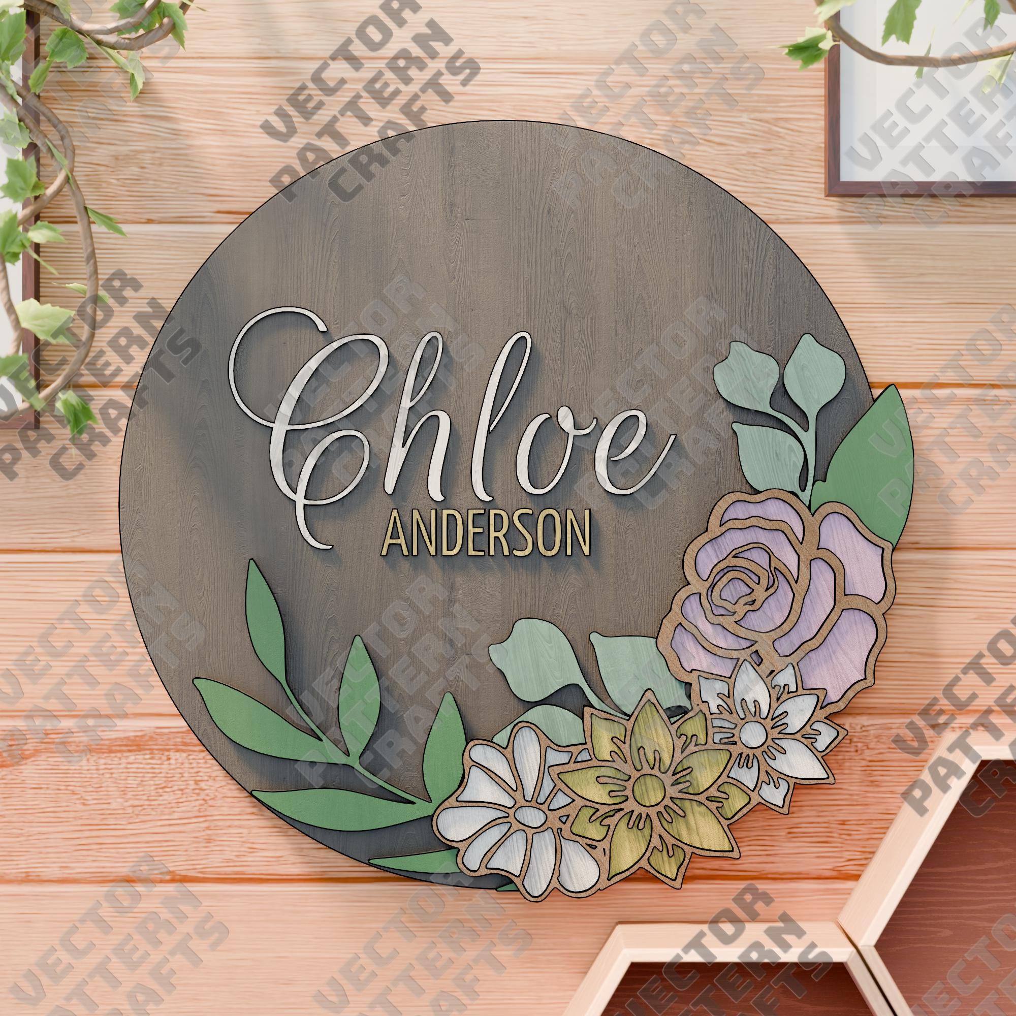 Laser Floral Name Sign Door Hanger Bundle Svg File Glowforge Flowers ...