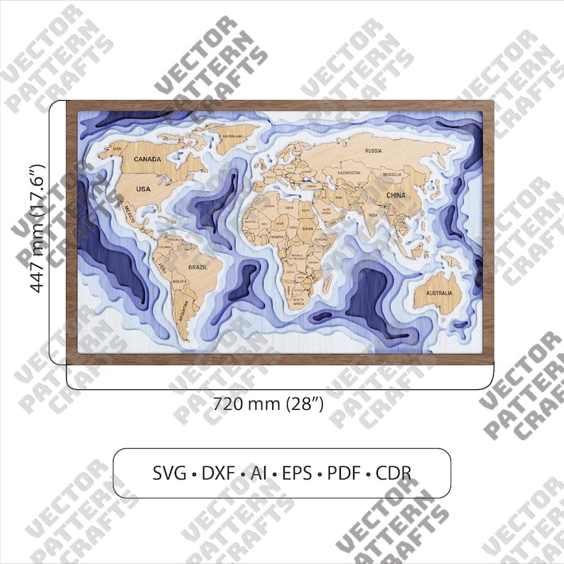 Multilayer World Map Wall Art Laser Cut Svg File Glowforge Multilayer World Map 3d Wall Art Svg ...