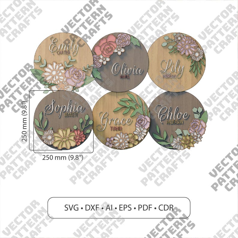 6 Floral Name Sign Door Hanger SVG Laser Cut Multilayer Round Decor - Etsy