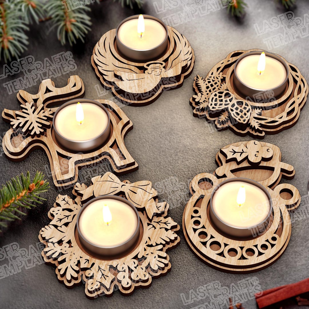 5 Christmas Candle Holder Laser Cut SVG Snowman Reindeer Wreath ...