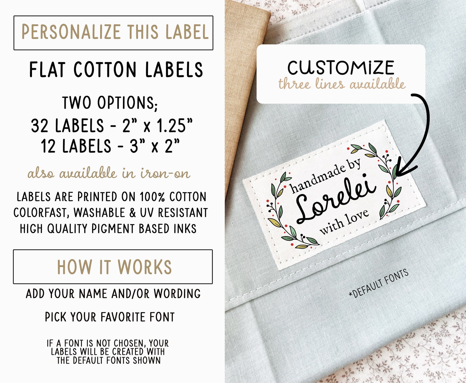 Fabric Cotton Label, 32 or 12 Flat Labels, Iron On, Sew On ...