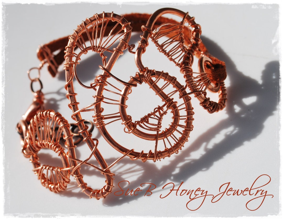 Copper Wire-wrapped Statement Bracelet With Leather Strap - Etsy