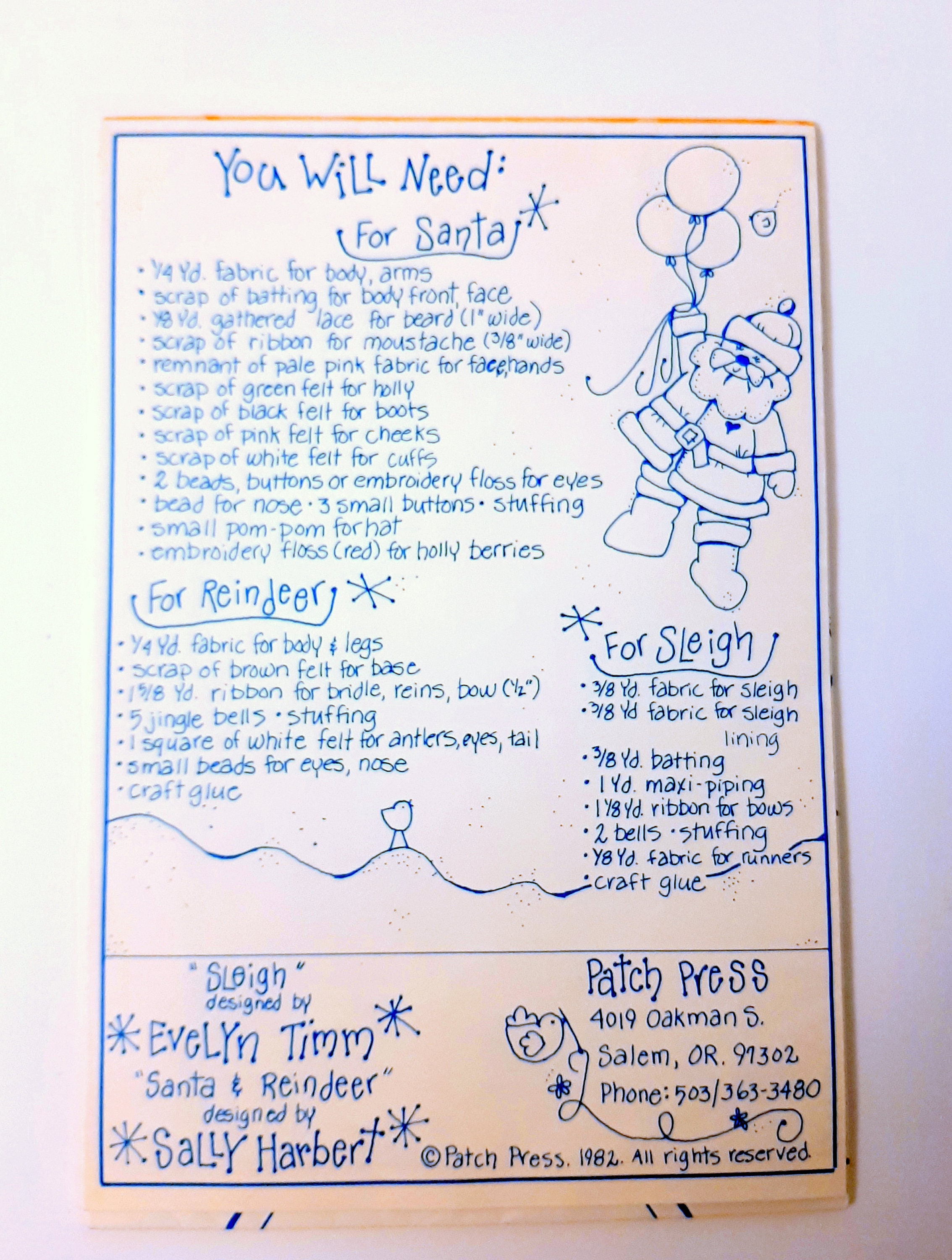 Vintage 1982 Patch Press Jingle Bell Sleigh Sewing Pattern ONLY Santa ...