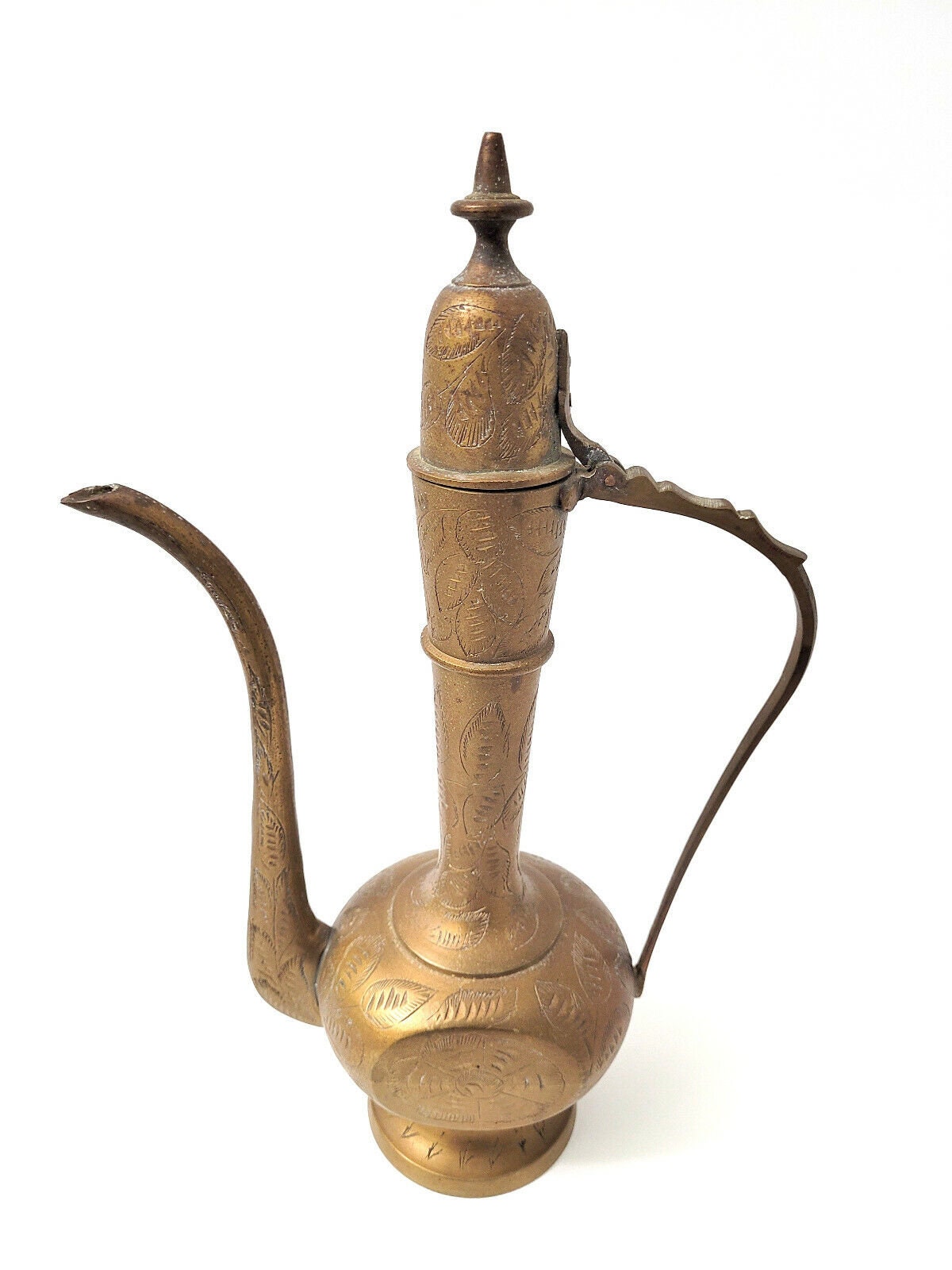 Vintage India Brass Water Pitcher Etched Elegant Spout Curved Handle ...