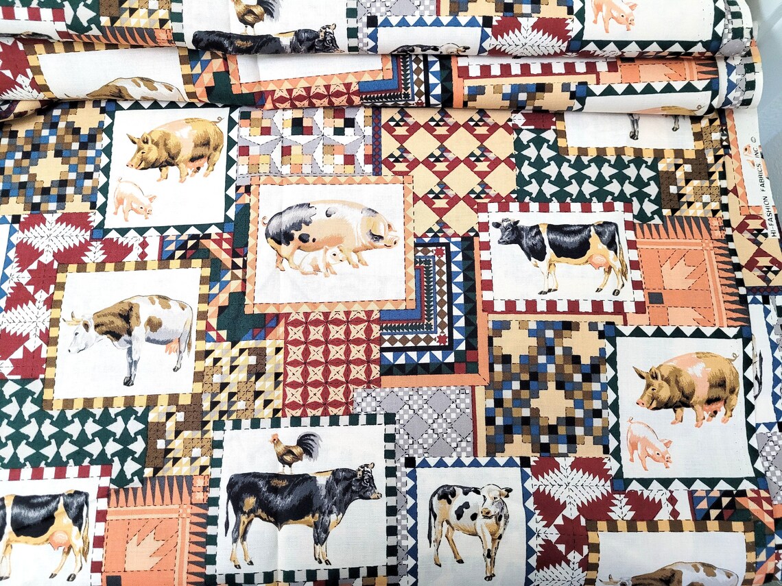 Farm Animals Cotton Fabric Material Cows Rooster Chicken - Etsy