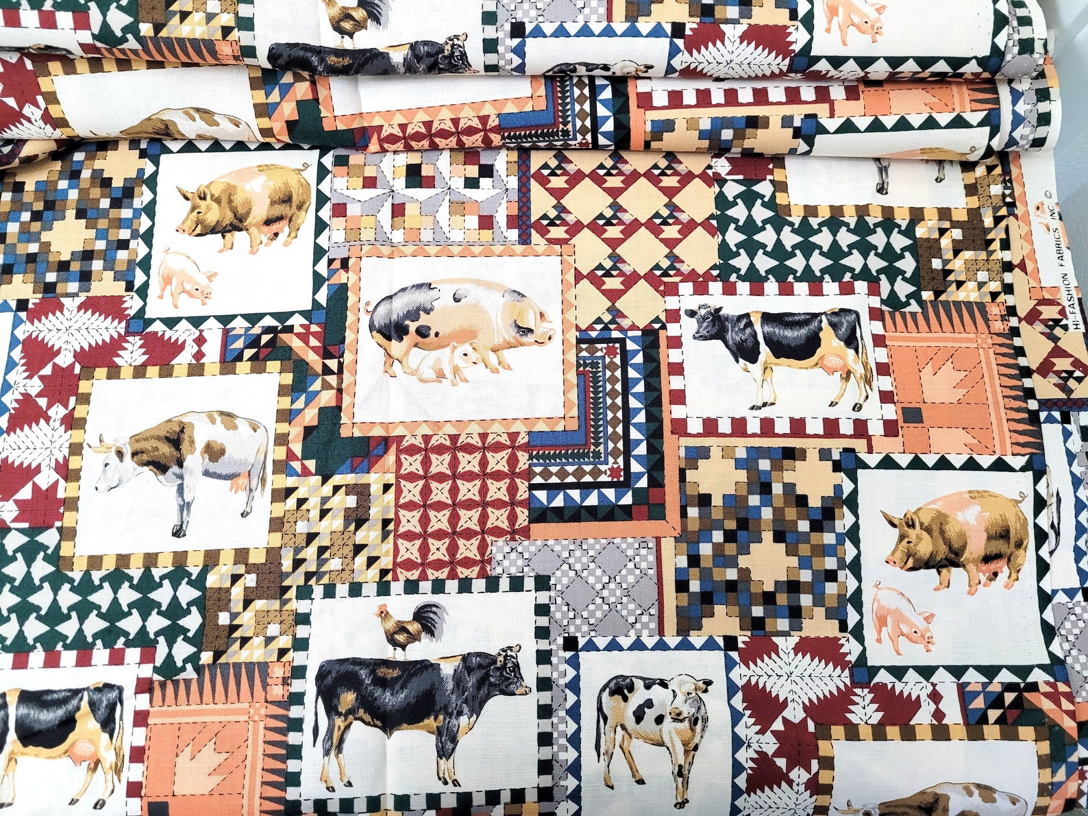 Farm Animals Cotton Fabric Material Cows Rooster Chicken - Etsy