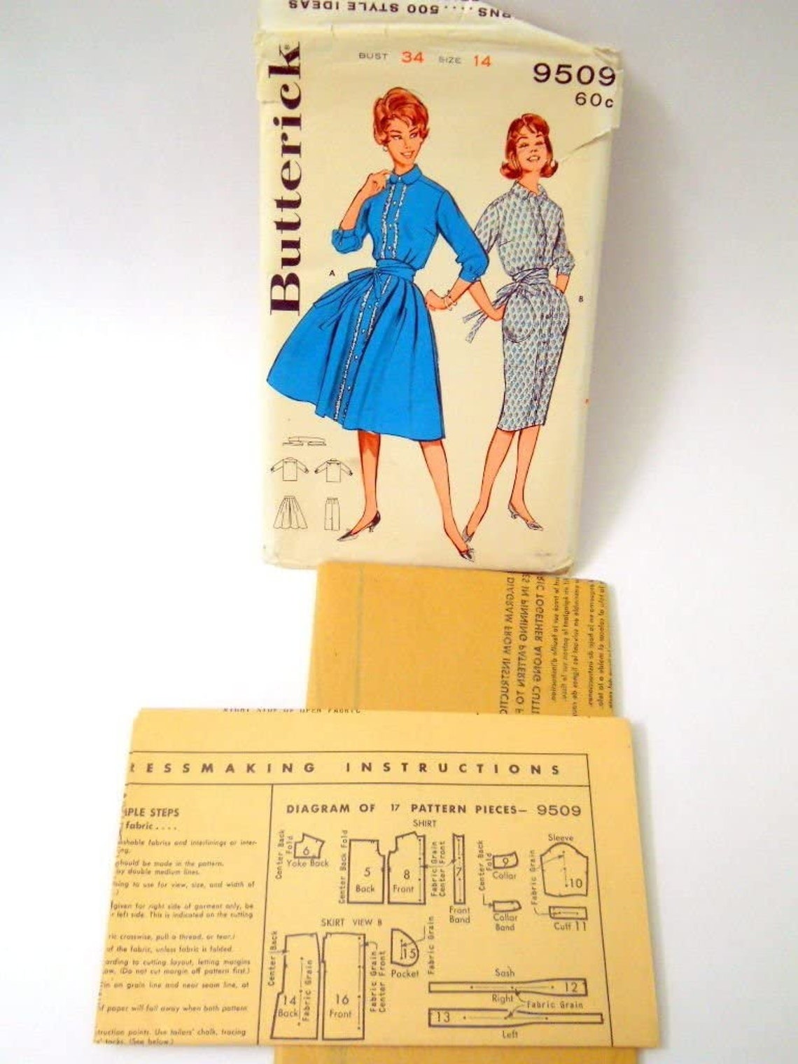 Vintage 60s Butterick 9509 Womens Dress Size 14 Bust 34 2 Styles UNCUT ...