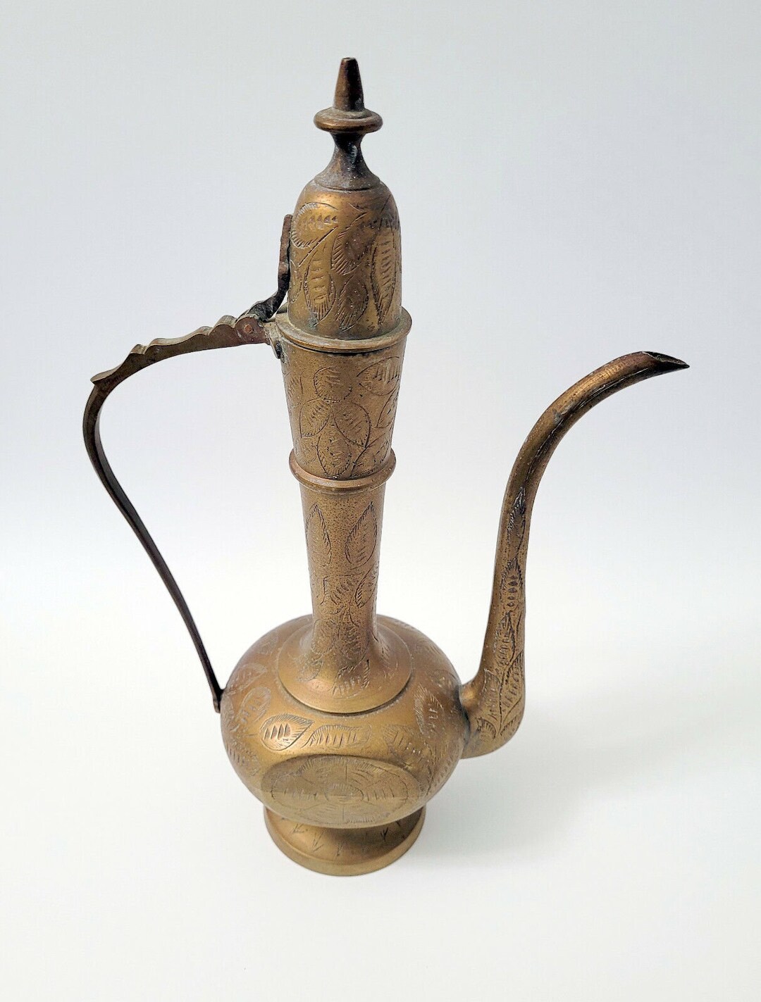 Vintage India Brass Water Pitcher Etched Elegant Spout Curved Handle ...