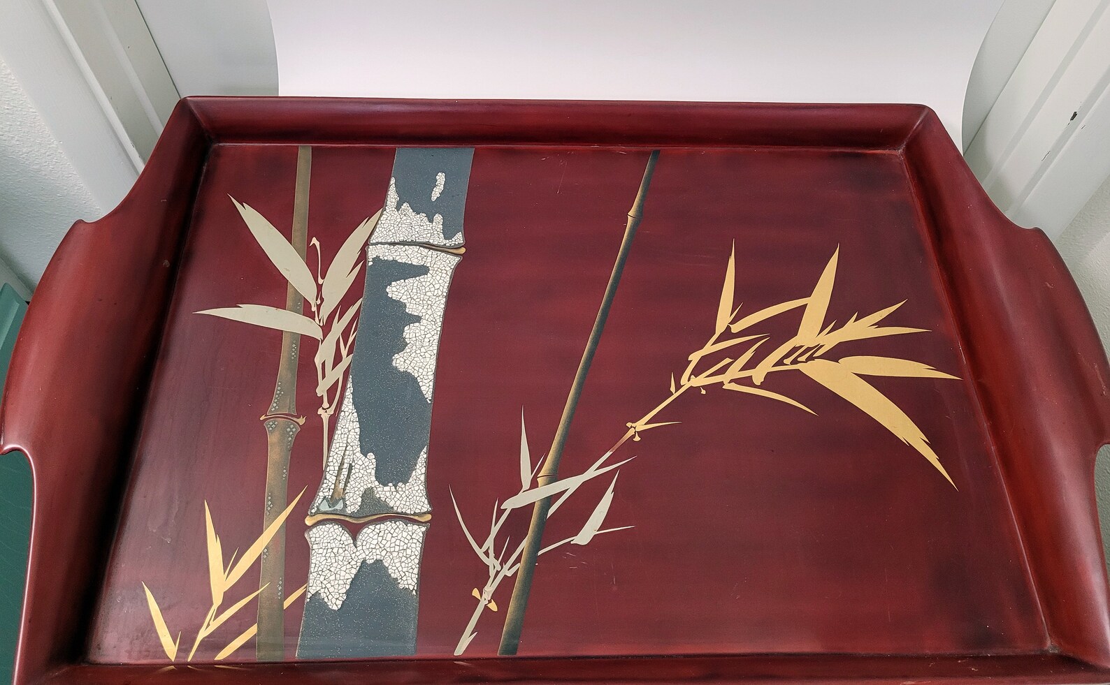 Vintage Red Lacquerware Tray With Gold Colored Leaves, Gray and White ...