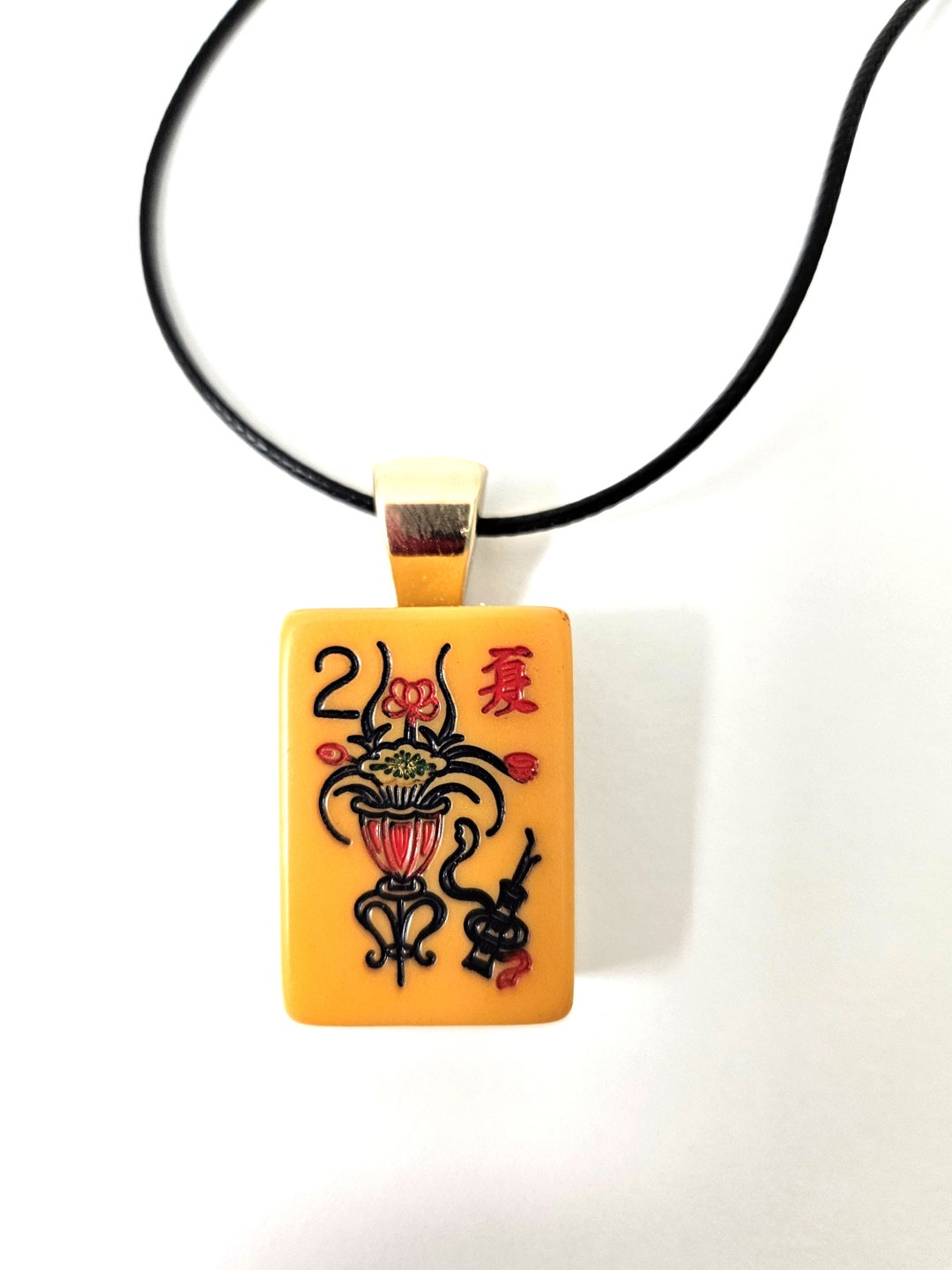 Vintage Lucky Number 2 Asian Bakelite Tile Pendant Vase and Flowers ...