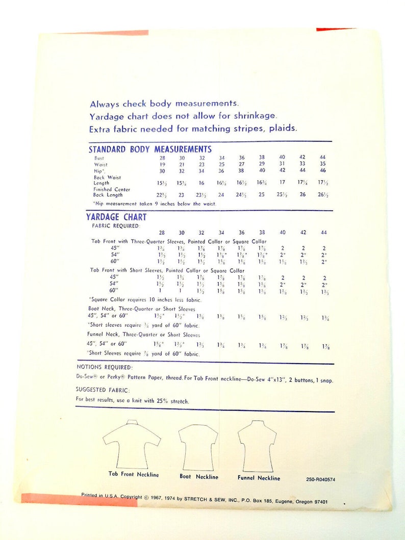 Vintage UNCUT Stretch & Sew Sewing Pattern 250 Tab Front Top or Blouse ...
