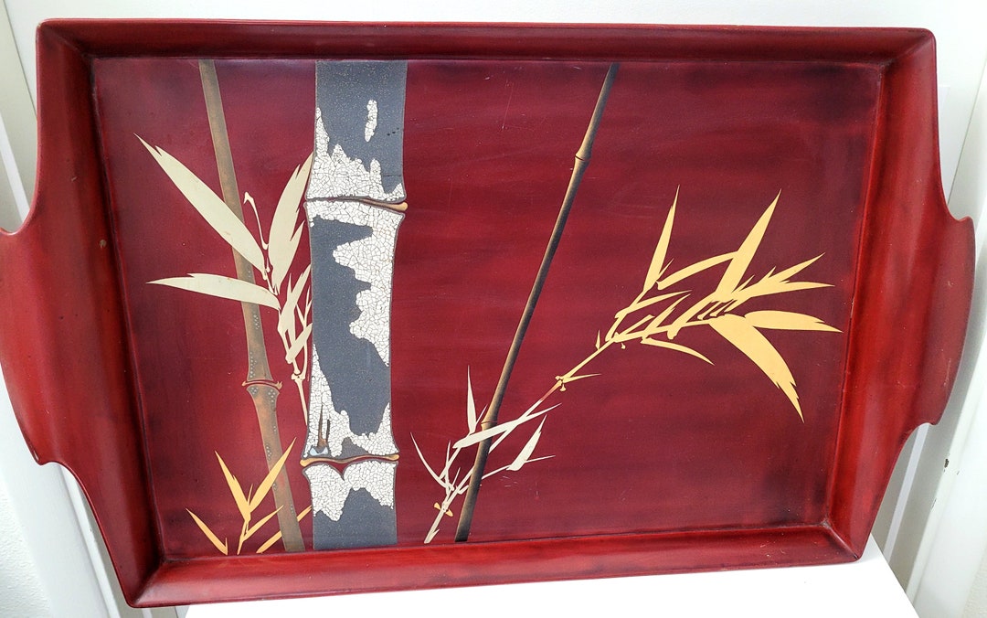 Vintage Red Lacquerware Tray With Gold Colored Leaves, Gray and White ...