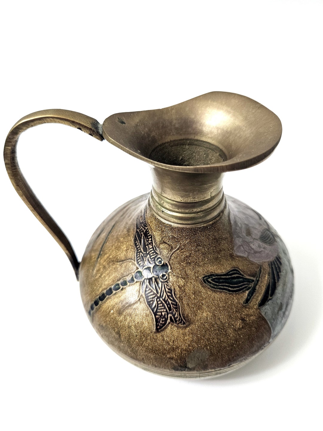 Vintage Round Brass Pitcher Dragonfly Wheat Staff Lotus Flower Details ...