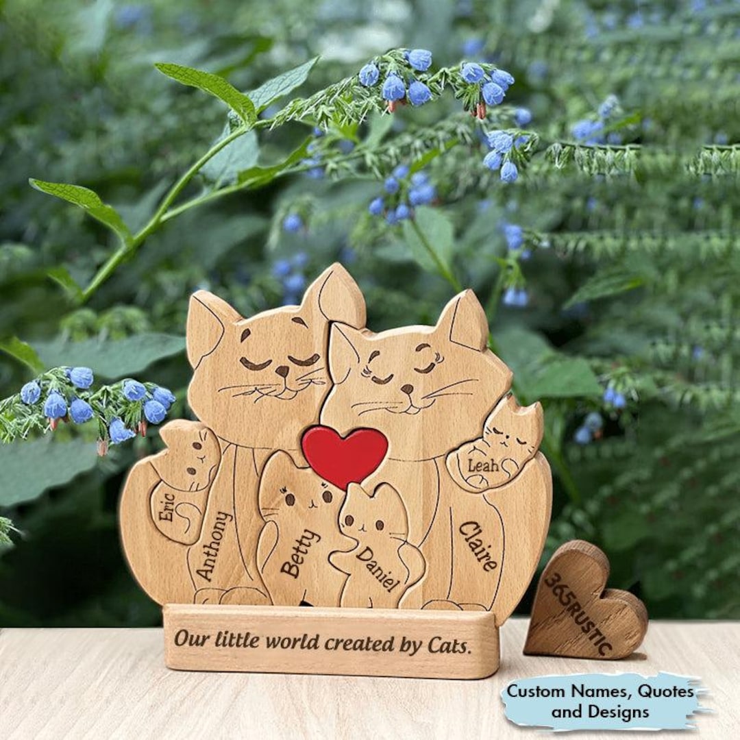 Custom Wooden Cat Family Puzzle-engraved Family Name Puzzle-family ...