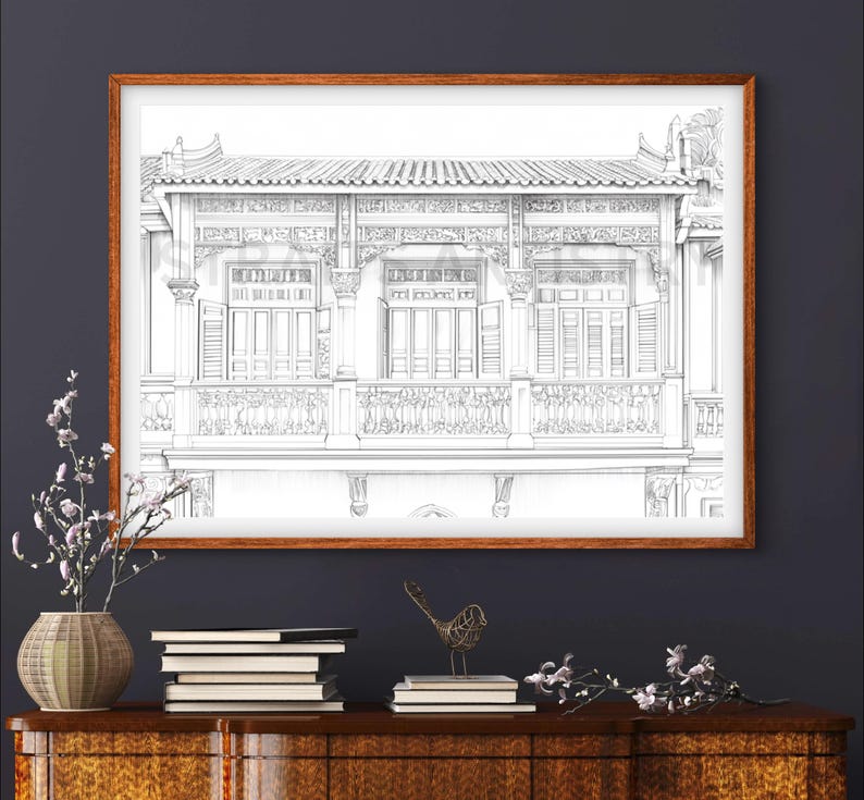 Peranakan Heritage Peranakan Shophouse Balcony Art Black and White ...