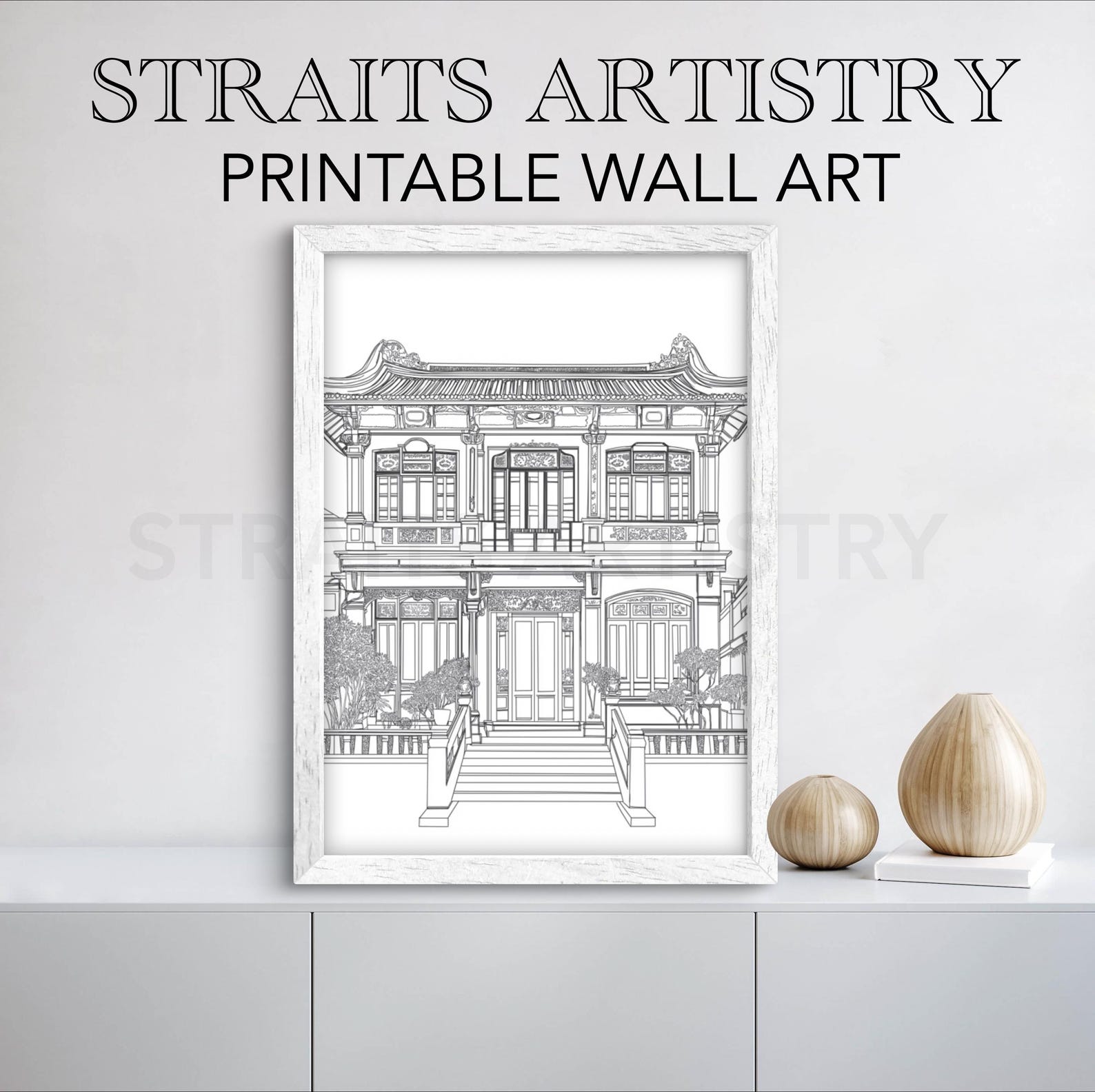 Printable Line Art – Black & White Peranakan Shophouse Silhouette ...