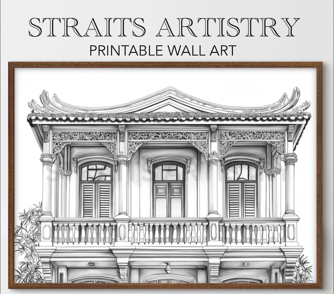 Peranakan Shophouse Art Print | Black & White Balcony Illustration ...