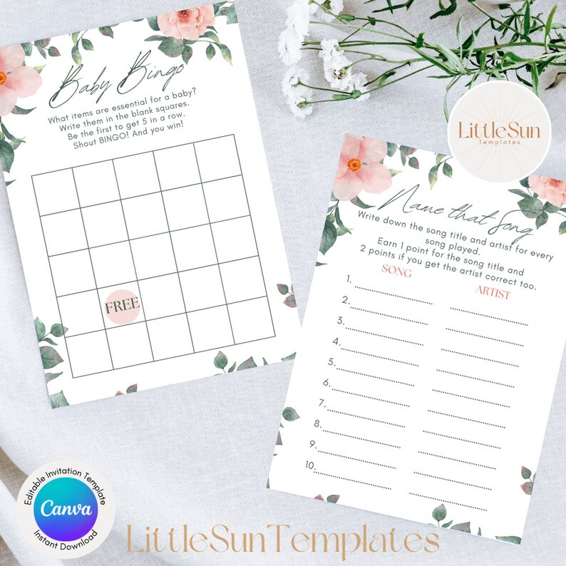 Editable Baby in Bloom Baby Shower 6 Pcs Game Bundle, Summer Flowers ...