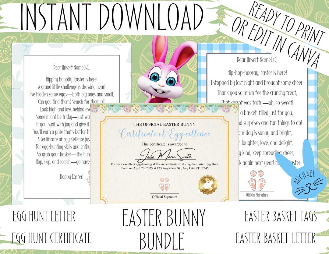 Easter Bunny Printable Bundle: Egg Hunt Letter, Basket Tag (canva ...