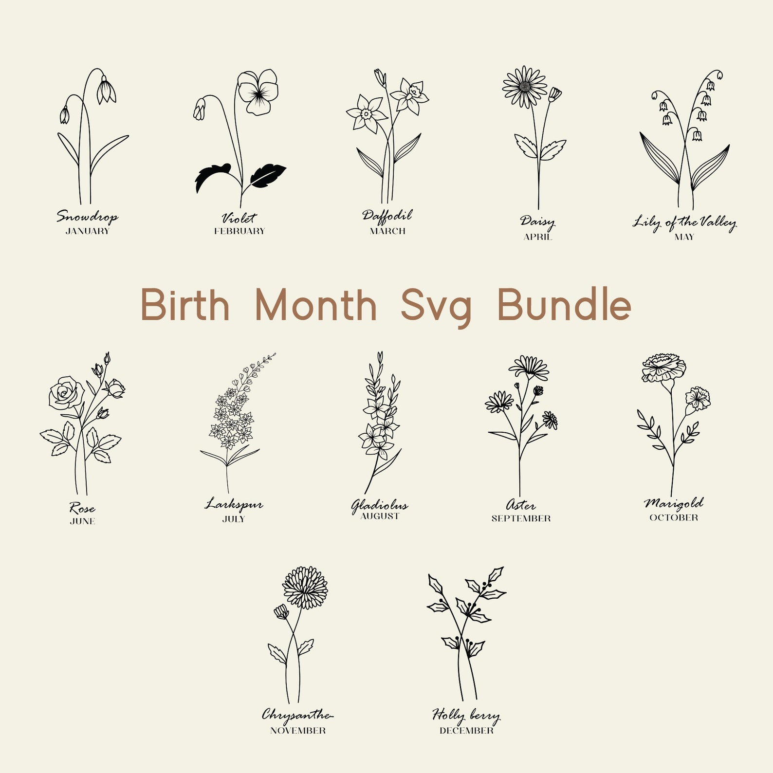 Birth Month Flower SVG Bundle: Botanical Floral Designs (digital ...