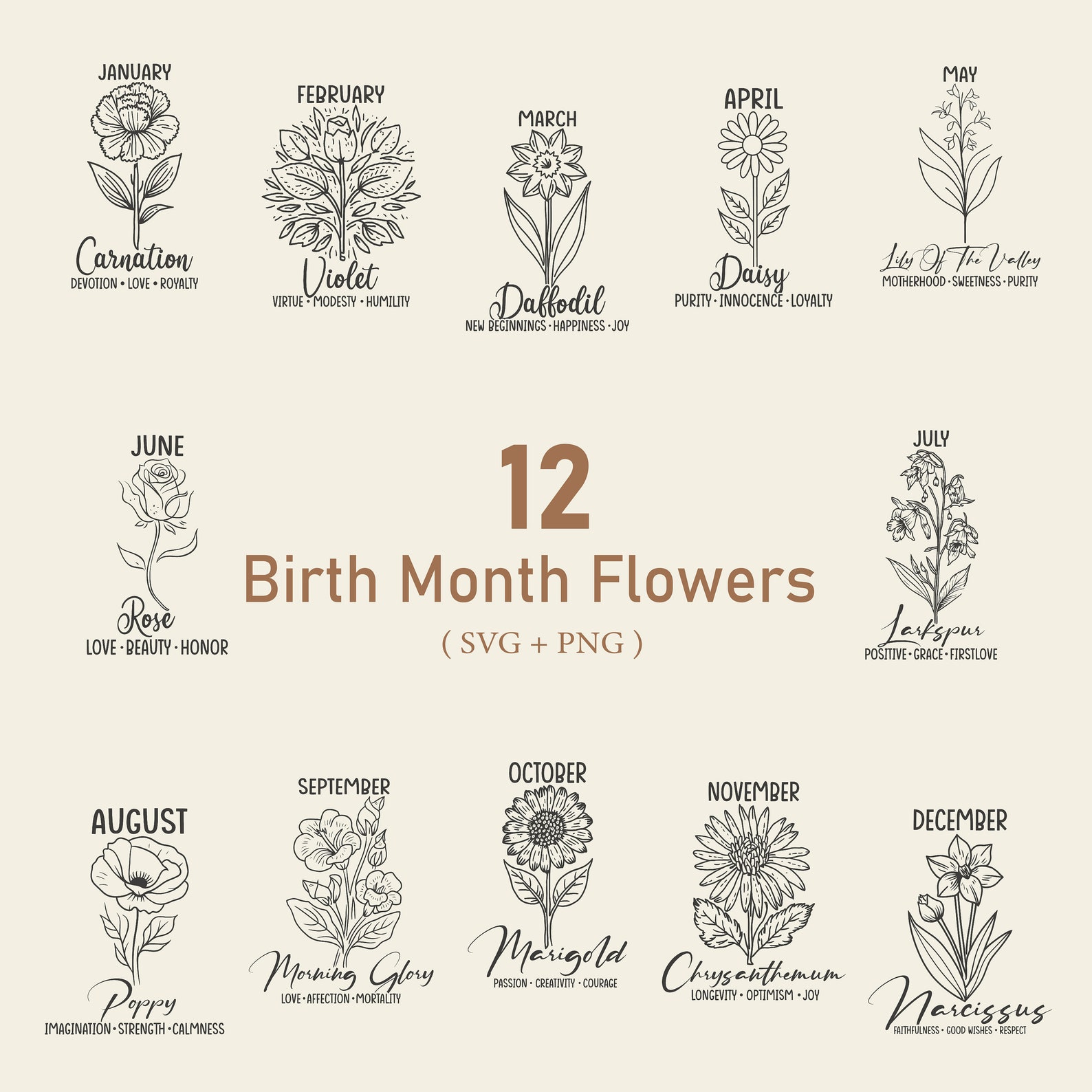 Birth Month Svg Bundle, Flower Bouquet Svg, Birth Flower Svg, Floral ...