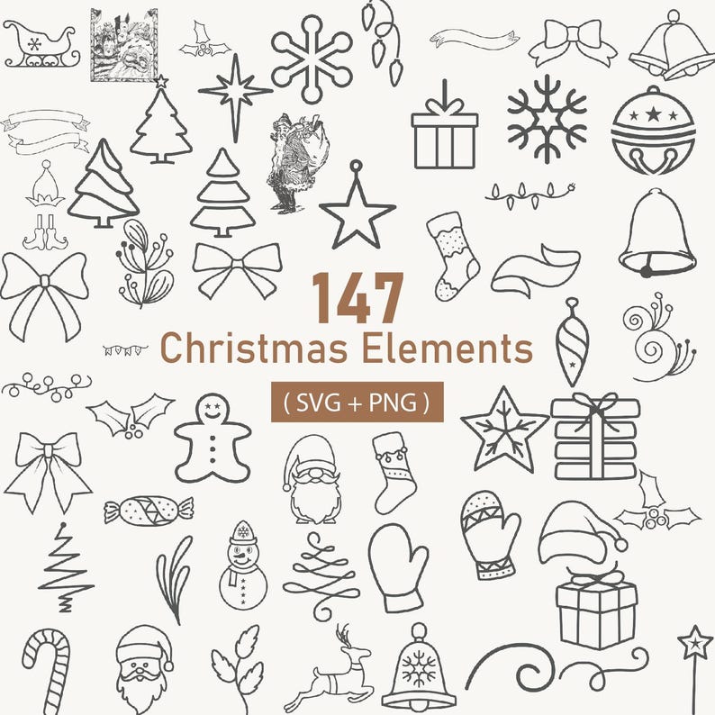 Christmas Line Art Clipart Bundle: Holiday Doodles (SVG, PNG Digital ...