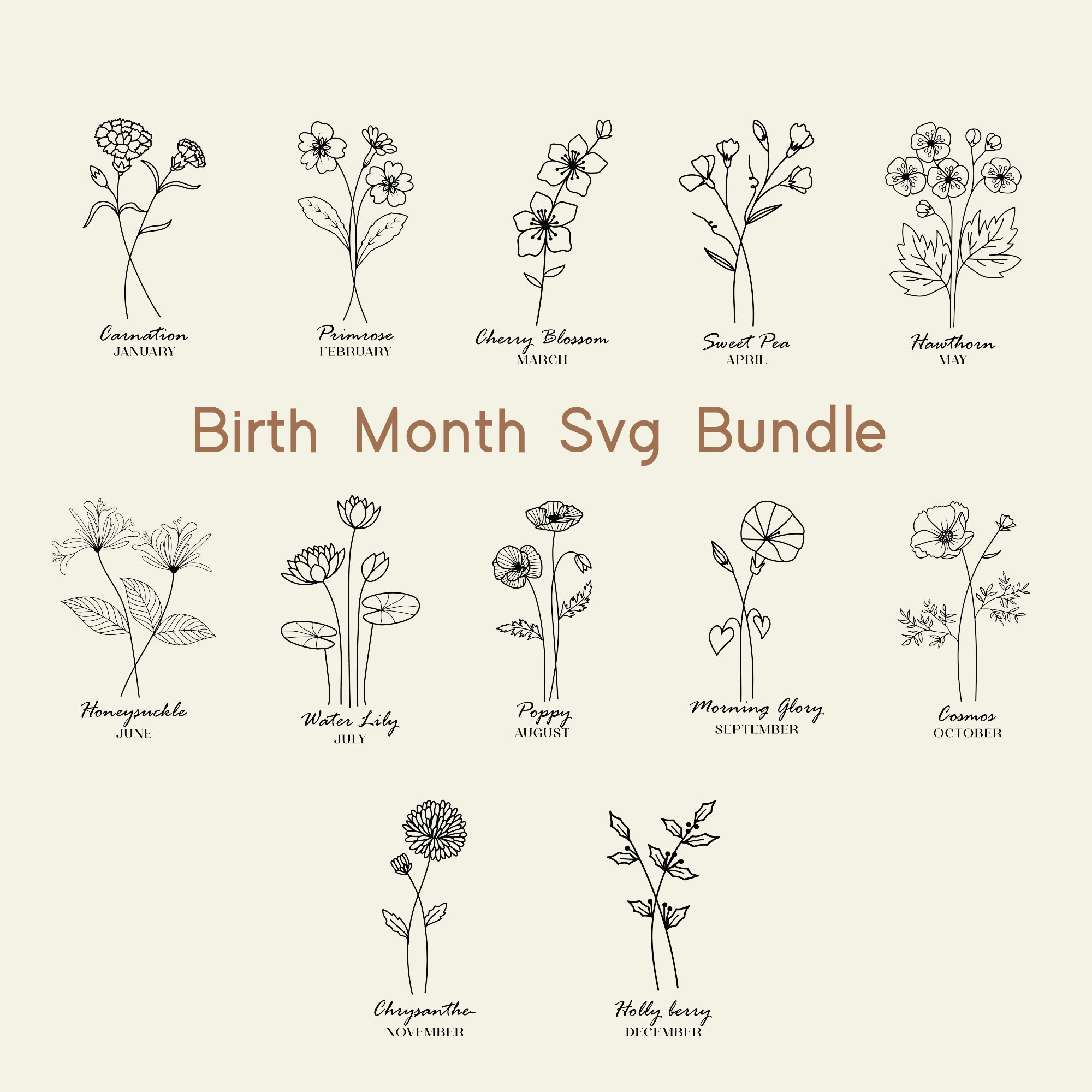Birth Month Flower SVG Bundle: Botanical Floral Designs (digital ...