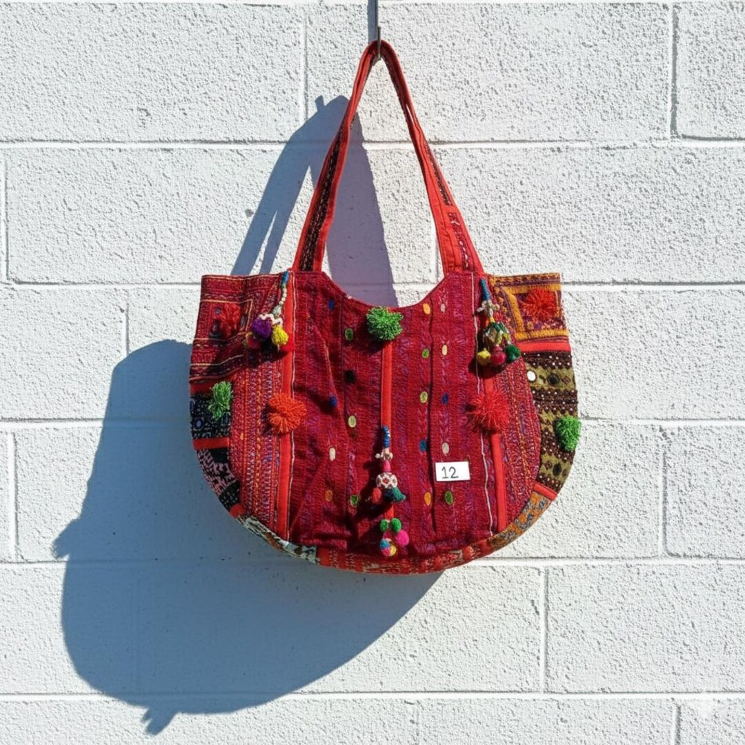Vintage Banjara Pompom Embroidered Mirror Work Jola Bag | Handmade ...