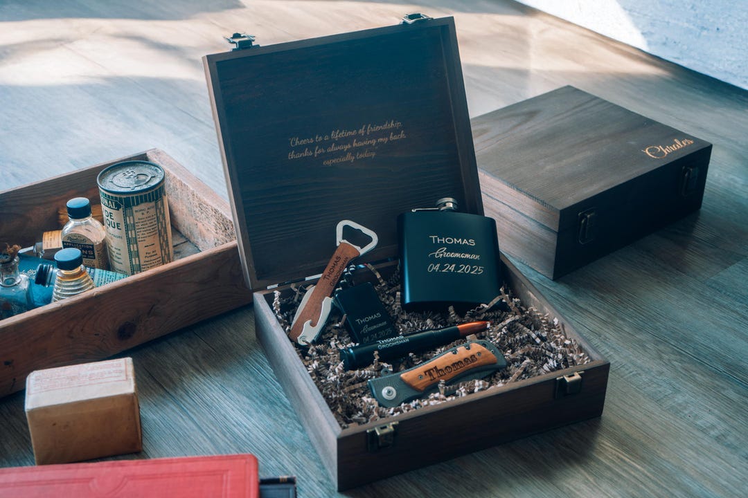 Personalized Groomsmen Gift Box: Engraved Flask, Knife & Opener - Etsy