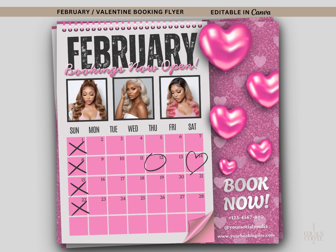 Valentines Day Flyer February Calendar Booking Template Vaelntine ...