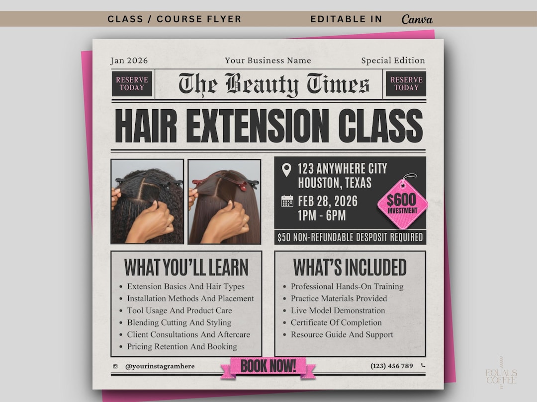 Hair Extension Class Flyer, Hair Extension Training Beauty Course Flyer ...