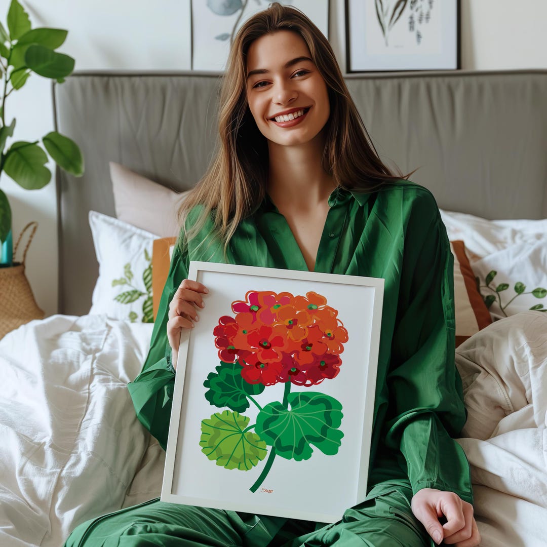 Beautiful Red Geranium, Printable Floral Wall Art, Colorful Flower Art ...